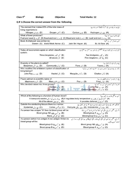 Class 9th Biology Objective Total Marks Pdf