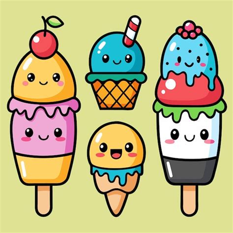 Cinco Helados De Dibujos Animados Con Caras Felices Y Sabores