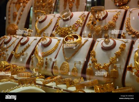 Gold Jewelry On Display At Gold Souk In Dubai United Arab Emirates