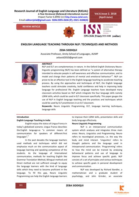 Pdf Zeba Siddiqui English Language Teaching Through Nlp Techniques