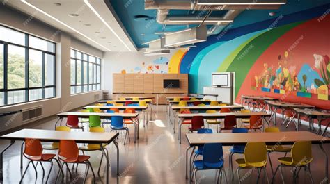 Premium Ai Image A Busy Classroom With Rows Of Desks And Chairs