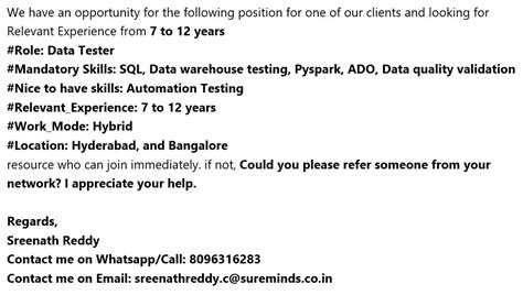 Sreenath Reddy On Linkedin Connections Datatester Sql Datawarehousetesting Pyspark Ado…