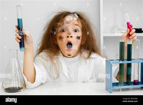 Shocked Girl Scientist Laboratory With Test Tubes Failed Experiment