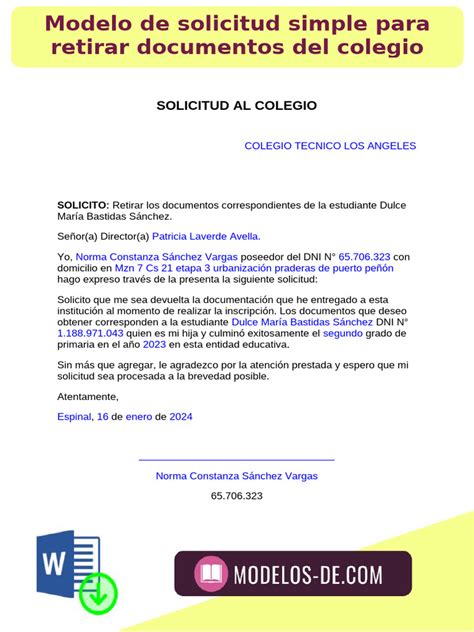 Modelo De Solicitud Simple Para Retirar Documentos Del Colegio Pdf