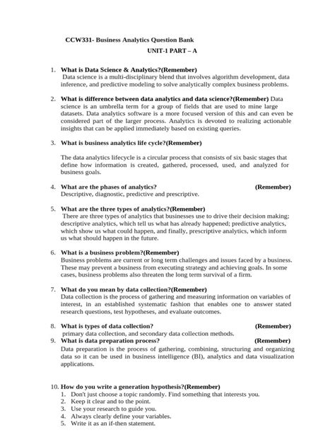 Ccw331 Business Analytics 2 Marks 16 Marks Pdf Analytics Machine