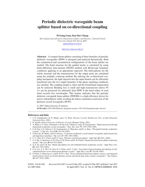 Pdf Periodic Dielectric Waveguide Beam Splitter Based On Co Directional Coupling