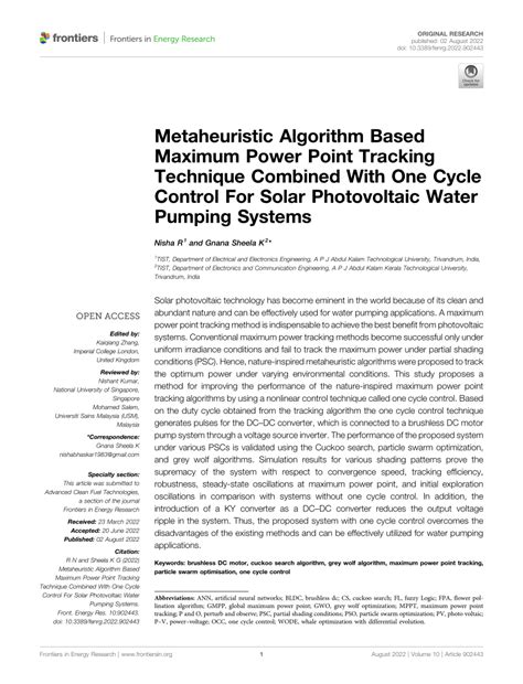 Pdf Metaheuristic Algorithm Based Maximum Power Point Tracking