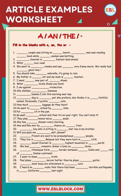 Definite And Indefinite Articles Worksheet English As A Second Language Articles Worksheet