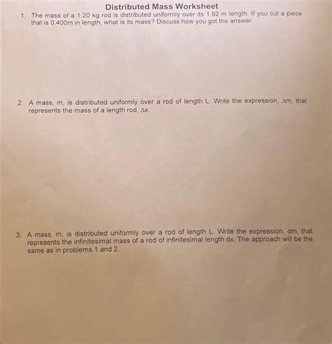 Solved Distributed Mass Worksheet 1 The Mass Of A 1 20 Kg Chegg
