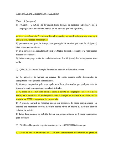 Atividade De Direito Do Trabalho Pdf Justiça Crime E Violência