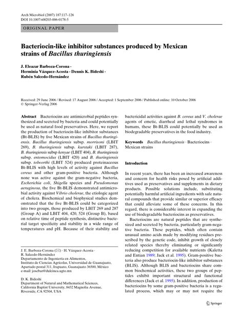 Pdf Bacteriocin Like Inhibitor Substances Produced By Mexican Strains Of Bacillus Thuringiensis