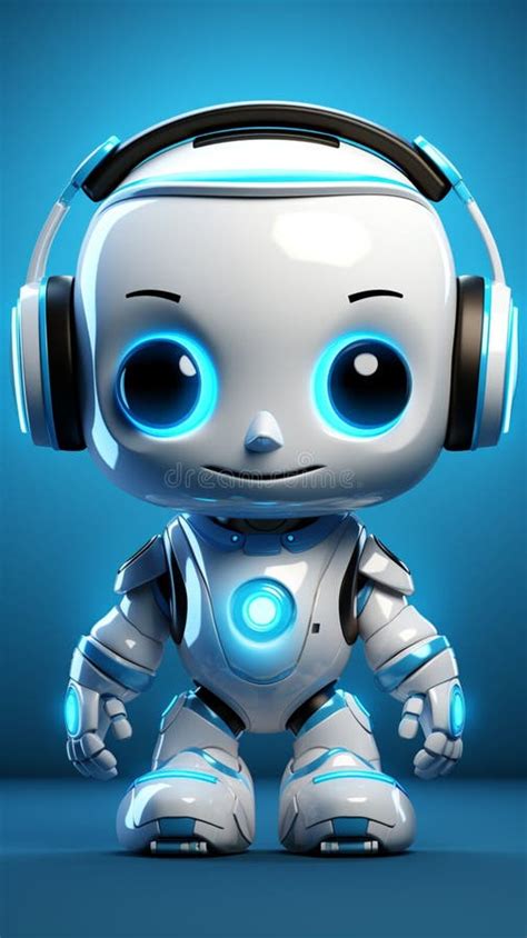 Cute Artificial Intelligence Chat Bot With Headphones On Blue Backdrop