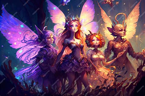 Una Ilustración De Fantasía épica Que Presenta Un Grupo De Hadas
