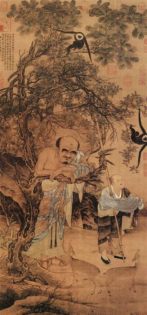 刘松年 《罗汉图》 立轴 绢本 设色 中国台北故宫博物院藏 构图严谨，笔法精妙，形象生动，艺术水平较高。其中人物衣纹用铁线描，笔笔中锋。面部及肌肉用线条勾出，再用淡墨及色彩渲染，：树石多用中锋