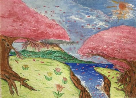 桜のイメージで思いついたので桜と桜島の絵を描きました桜の花びらがひらひらときれいでした花はチューリップです https