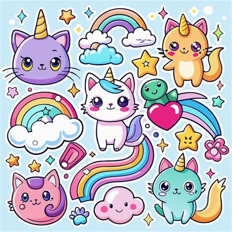 Cute Unicorn Kitty Cat Rainbow Kawaii Stickers With Stars And Clouds