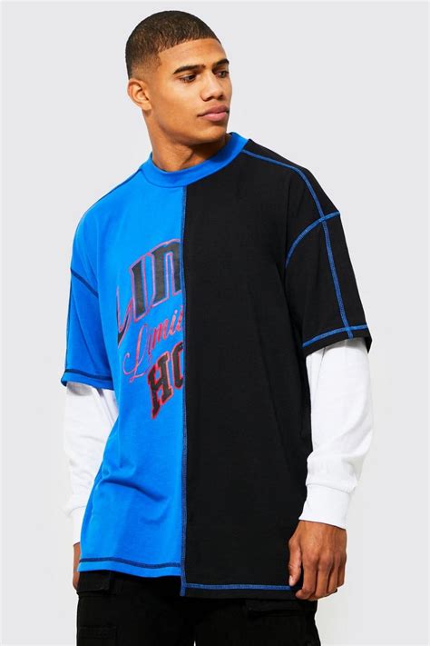 Oversized Extended Neck Spliced Print T Shirt Boohoo Uk