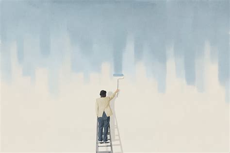 계단 꼭대기에 벽을 그리는 남자의 그림 새로운 삶 초현실적 개념 가리기에 대한 스톡 벡터 아트 및 기타 이미지 가리기 개념