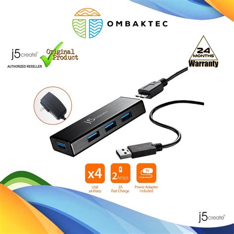 J5create JUH340 4 Port Powered USB 3 0 Data Hub W 2ft Extended Cable 15W Power Adapter