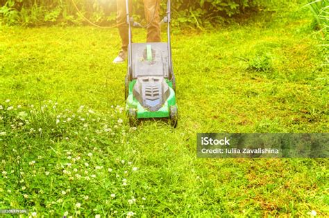 뒷마당에서 잔디 깎는 기계로 녹색 잔디를 자르는 남자 원 예 국가 라이프 스타일 배경입니다 봄이나 여름철에 햇빛 정원 풍경에 신선한 녹색 잔디 잔디에 아름다운 전망 잔디