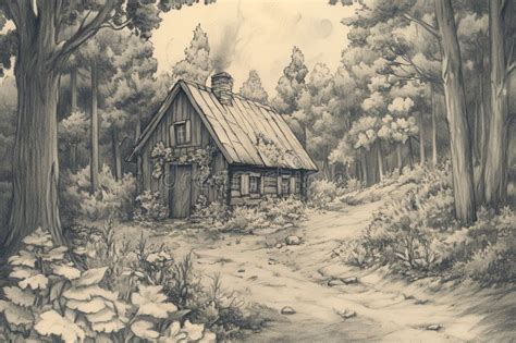 Rustic Cabin Sketch Forest Path Woodland Home Nature Art Stock