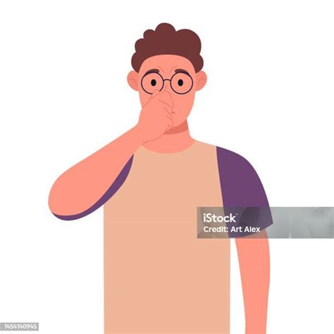 안경을 쓴 곱슬곱슬한 청년이 코에 손가락을 들고 벡터 삽화 불쾌한 냄새에 대한 스톡 벡터 아트 및 기타 이미지 불쾌한 냄새 사람들 향기로운 Istock