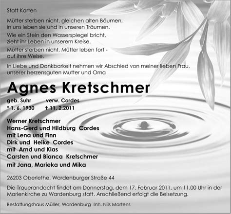 Traueranzeigen Von Agnes Kretschmer Nordwest Trauerde