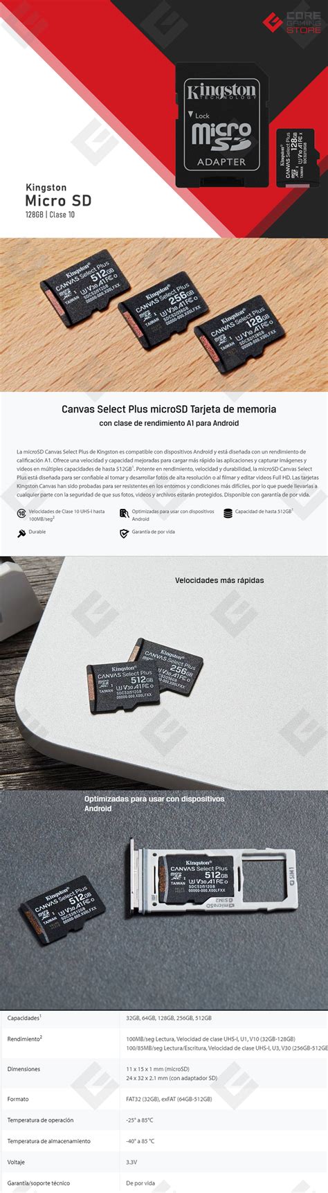 Memoria Micro SD Kingston Canvas Select Plus 128GB 100MB Seg Lectura