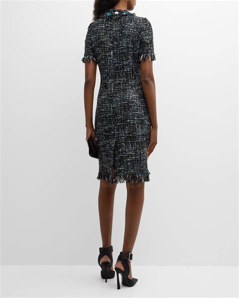 Rickie Freeman For Teri Jon Fringe Trim Beaded Tweed Midi Dress