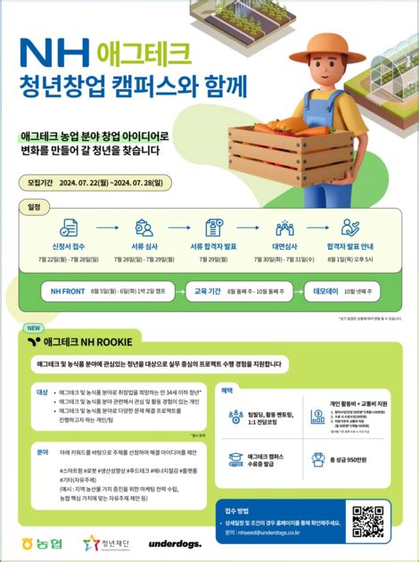 총상금 1950만원 Nh 애그테크 청년창업 캠퍼스에서 애그테크 및 농업 분야에 대한 프로젝트를 경험해보고 싶은 청년들을