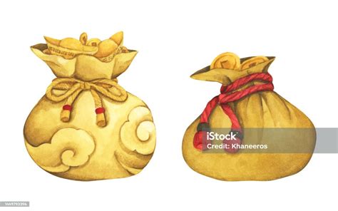 금화와 중국 금괴로 가득 찬 노란색 포춘 가방 수채화 그림입니다 0명에 대한 스톡 벡터 아트 및 기타 이미지 0명 12월 31일 가득 찬 Istock