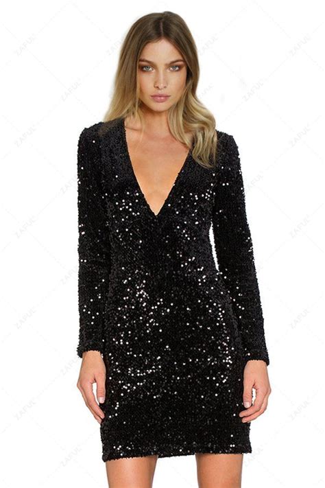 24 Off 2021 Bodycon Plunging Neck Long Sleeve Sequins Dress In Black