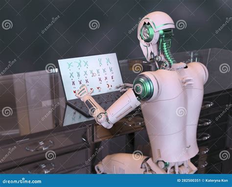 A 3d Illustration Depicting A Humanoid Robot Working With A Laptop
