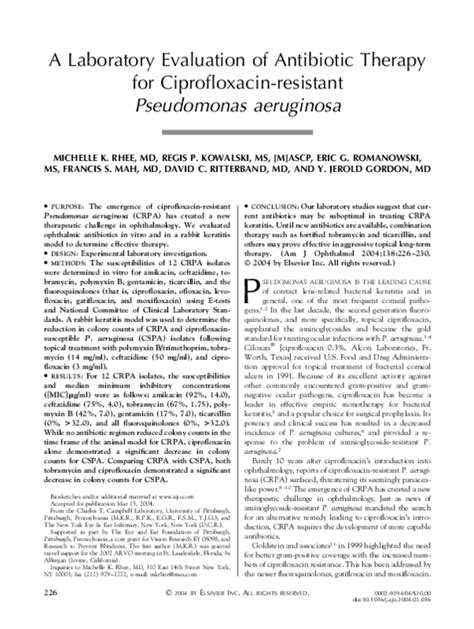 Pdf A Laboratory Evaluation Of Antibiotic Therapy For Ciprofloxacin Resistant Pseudomonas