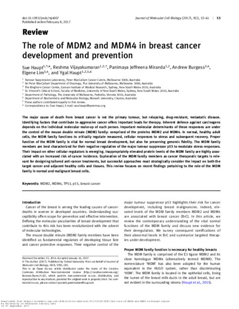 Pdf The Role Of Mdm2 And Mdm4 In Breast Cancer Development And Prevention