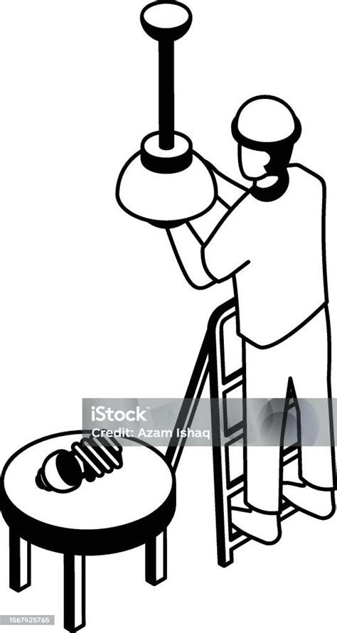 전구 아이소메트릭 개념을 바꾸는 사다리 위의 전기 기사 높은 벡터 아이콘 디자인에 램프 고정 장치 설치 전기 엔지니어 기호 배선
