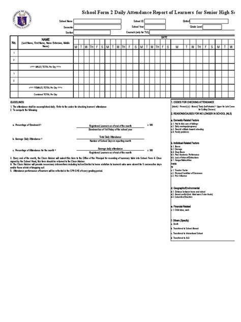 School Form 2 Daily Attendance Report Of Learners For Senior High School Sf2 Shs Pdf Human