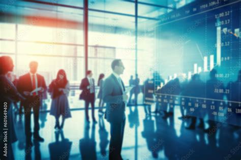 Blurred Business People In A Modern Office With Real Time Stock Market