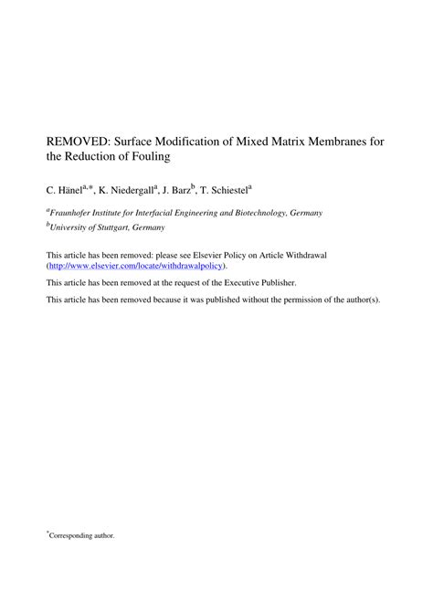 Pdf Removed Surface Modification Of Mixed Matrix Membranes For The Reduction Of Fouling