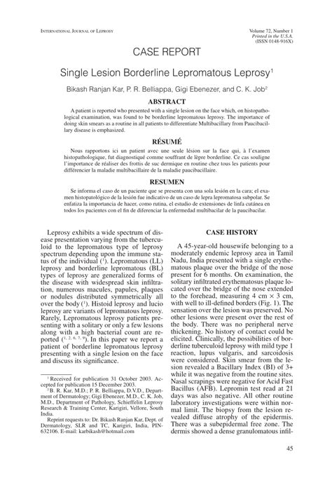 Pdf Single Lesion Borderline Lepromatous Leprosy