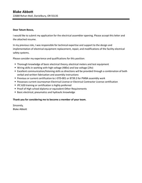 Electrical Assembler Cover Letter Velvet Jobs
