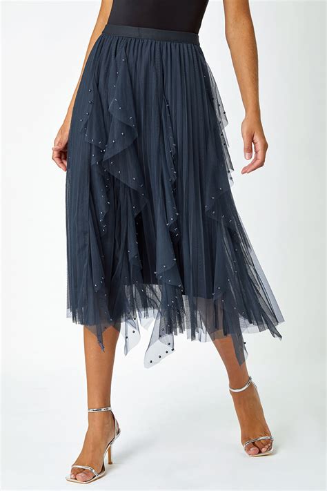 Midnight Blue Elasticated Pearl Mesh Layered Skirt Roman Uk