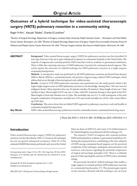 PDF Outcomes Of A Hybrid Technique For Video Assisted Thoracoscopic Surgery VATS Pulmonary