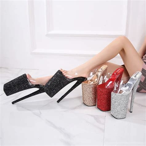 대형 26cm 슈퍼 하이힐 샌들 섹시한 나이트 클럽 무대 공연 물고기 입 단검 반짝이는 여성 신발 및 샌들 Aliexpress