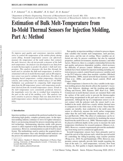Pdf Estimation Of Bulk Melt Temperature From In Mold Thermal Sensors For Injection Molding