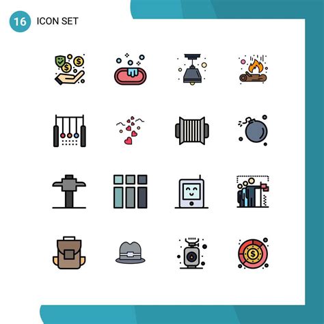 Group Of 16 Flat Color Filled Lines Signs And Symbols For Rings Hanging Light Gymnastics Flame