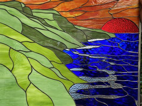 All Original Hawaiian Coastline And Sunset Leaded Stained Glass Window Panel