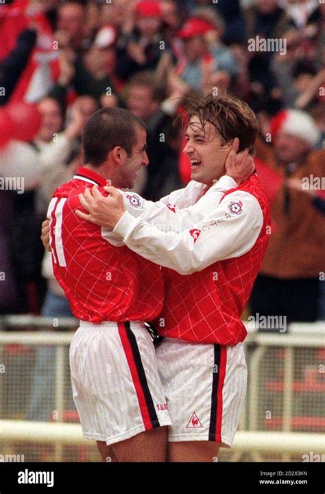 Rotherham Uniteds Nigel Jemson Right Is Congratulated By Teammate Andy Roscoe After His
