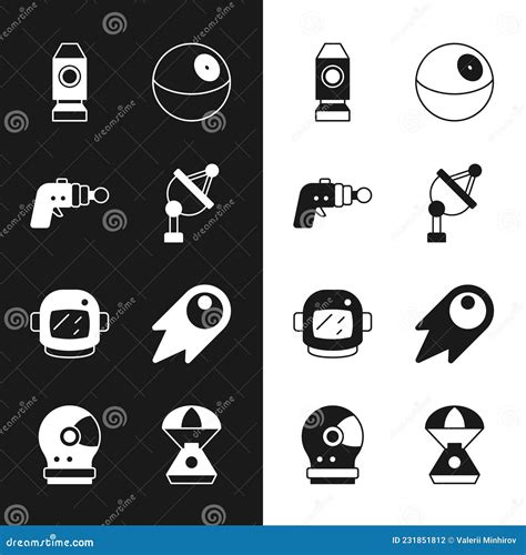 Set Satellite Dish Ray Gun Rocket Ship Planet Astronaut Helmet Comet Falling Down Fast