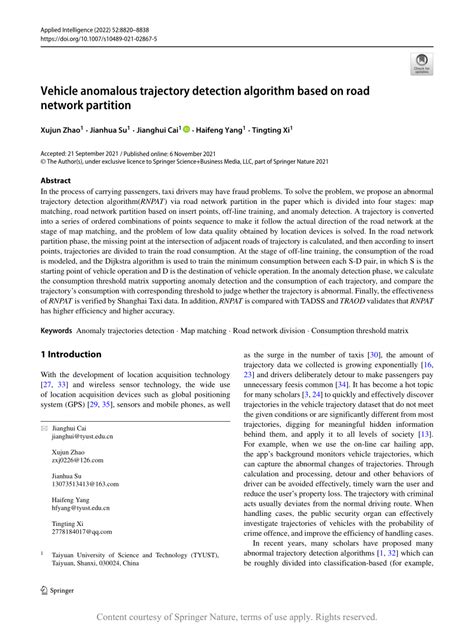 Vehicle Anomalous Trajectory Detection Algorithm Based On Road Network Partition Request Pdf